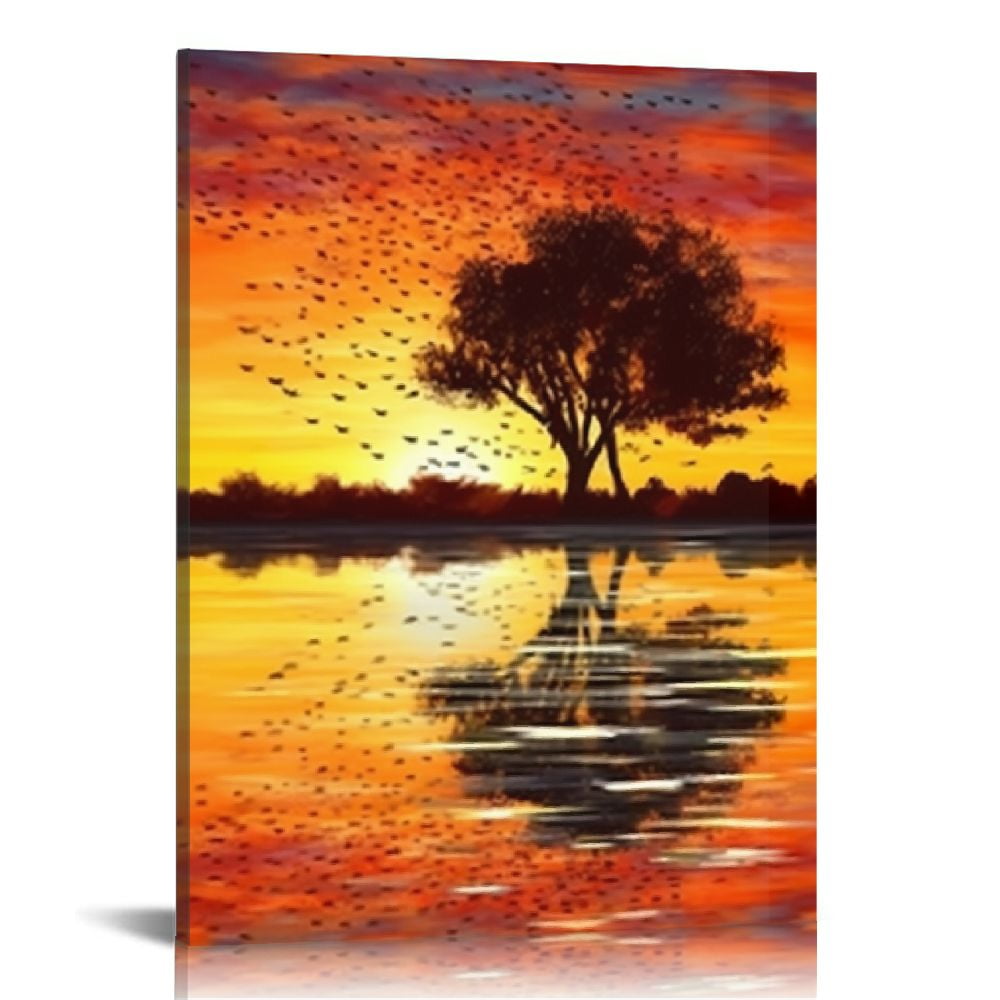 Nawypu Music Wall Art Abstract Guitar Tree Lake Sunset Canvas Paintings ...