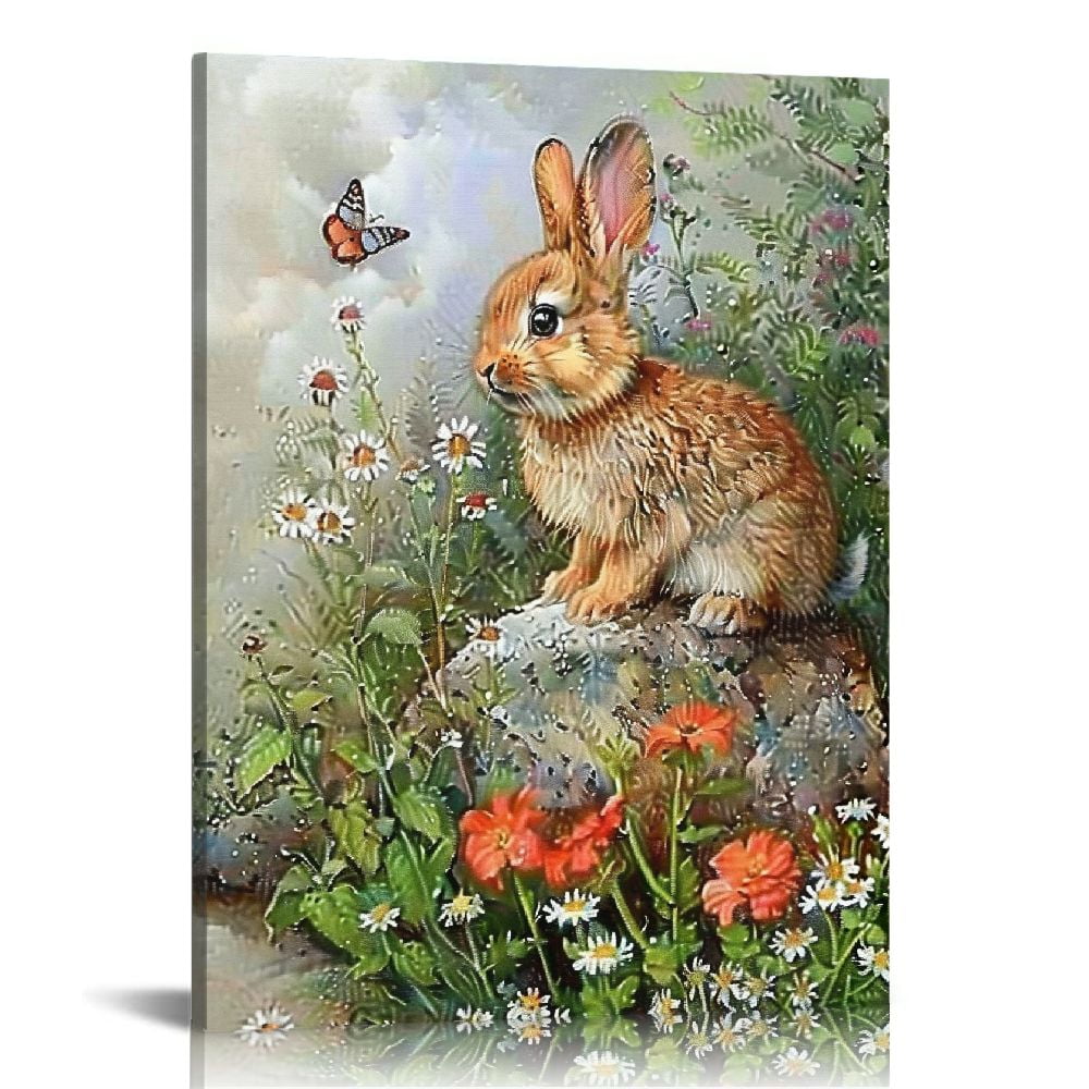 Nawypu Natural Rabbit Landscape Decor Wall Art Daisy Rabbit Scenery ...