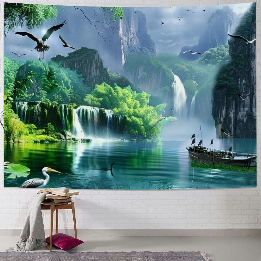Nawypu Nature Tapestry Wall Hanging, Mountain Forest River Landscape ...