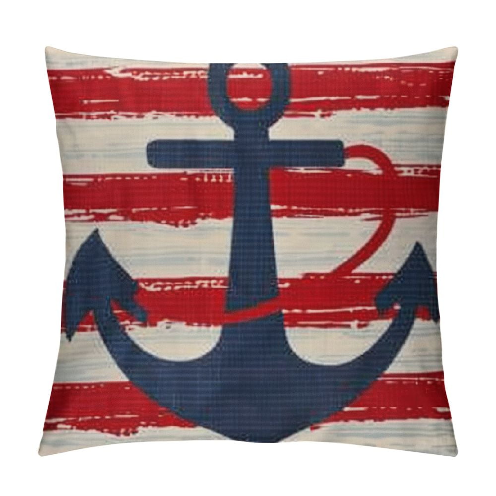 Awypu Nautical Anchor Throw Pillow Covers Navy Blue Stripes with Red ...