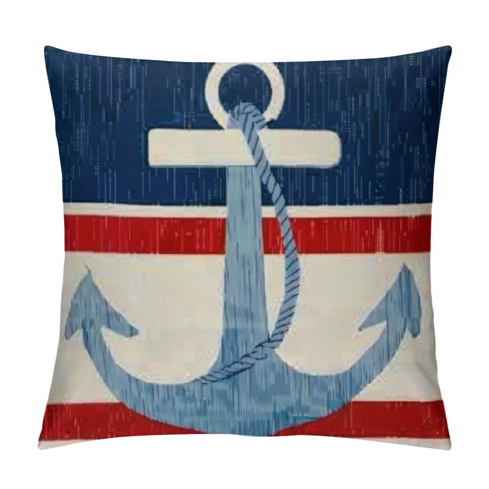 Nawypu Nautical Anchor Throw Pillow Covers Navy Blue Stripes with Red ...
