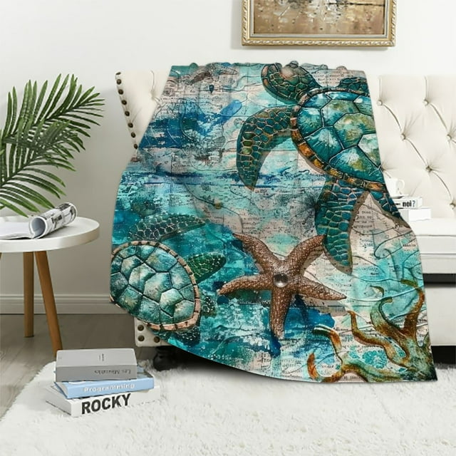 Nawypu Nautical Green Sea Turtles Beach Theme Throw Blanket Blue Ocean ...