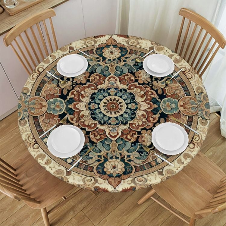 Nawypu Navy Blue Boho Round Tablecloth, Fitted Table Cover with Elastic ...