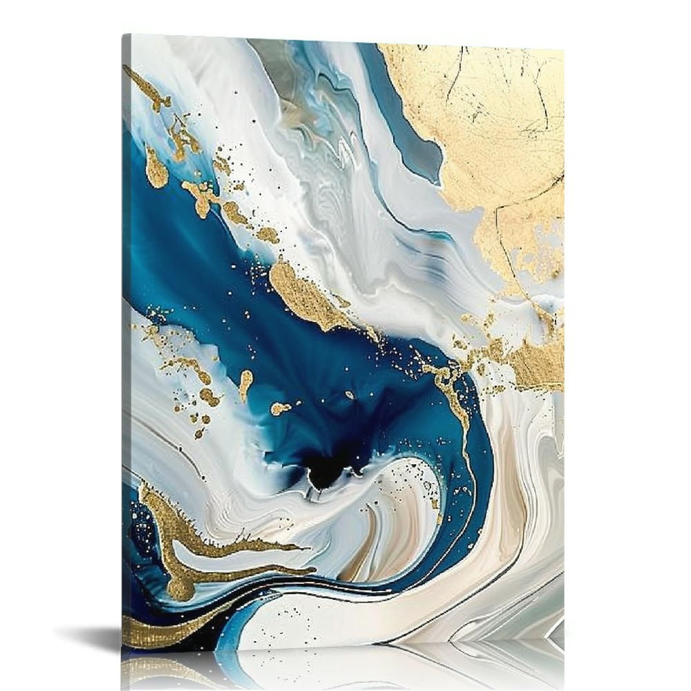 Nawypu Navy Blue and Gold Abstract Wall Art Blue Gold Navy Blue White ...