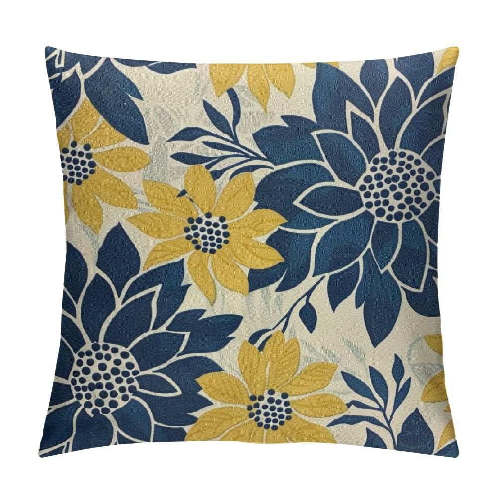 Nawypu Navy Blue Pillow Covers, Floral Navy Blue Yellow Dahlia ...