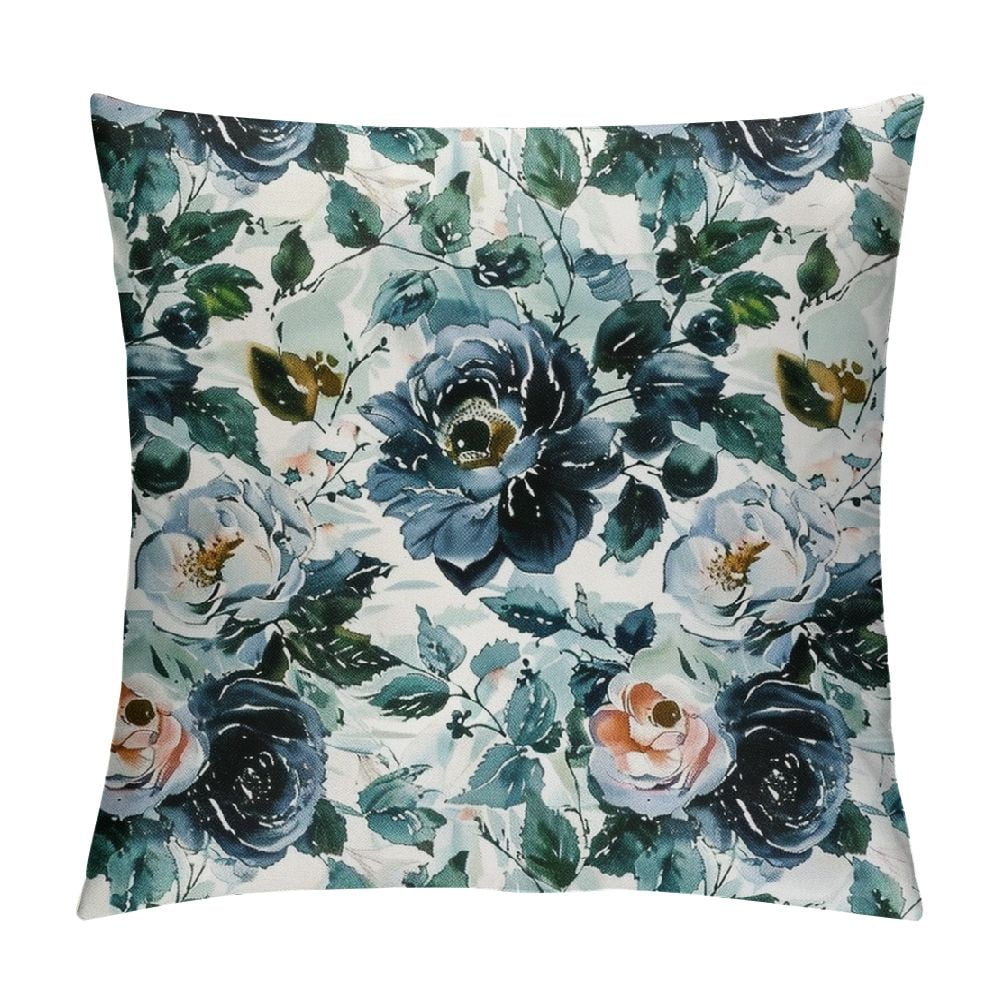 Awypu Navy Blue Throw Pillow Covers 18x18 Inch Floral Roses Flower ...