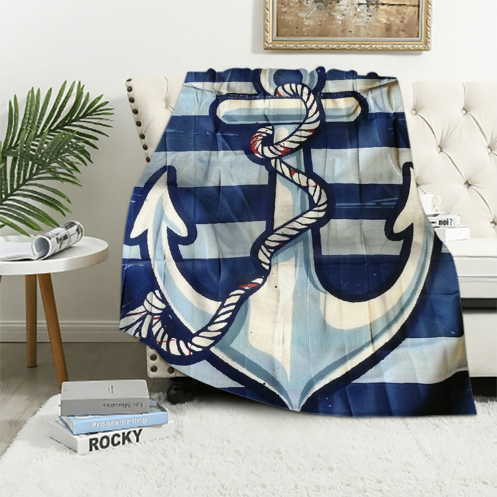 Nawypu Navy Stripes Blanket Nautical Theme Anchor Throw Blanket Warm ...