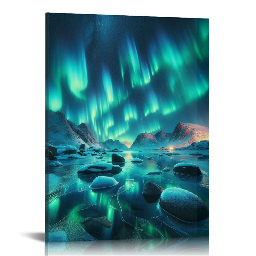 Nawypu Northern Lights Wall Art Light Blue Aurora Borealis Canvas ...