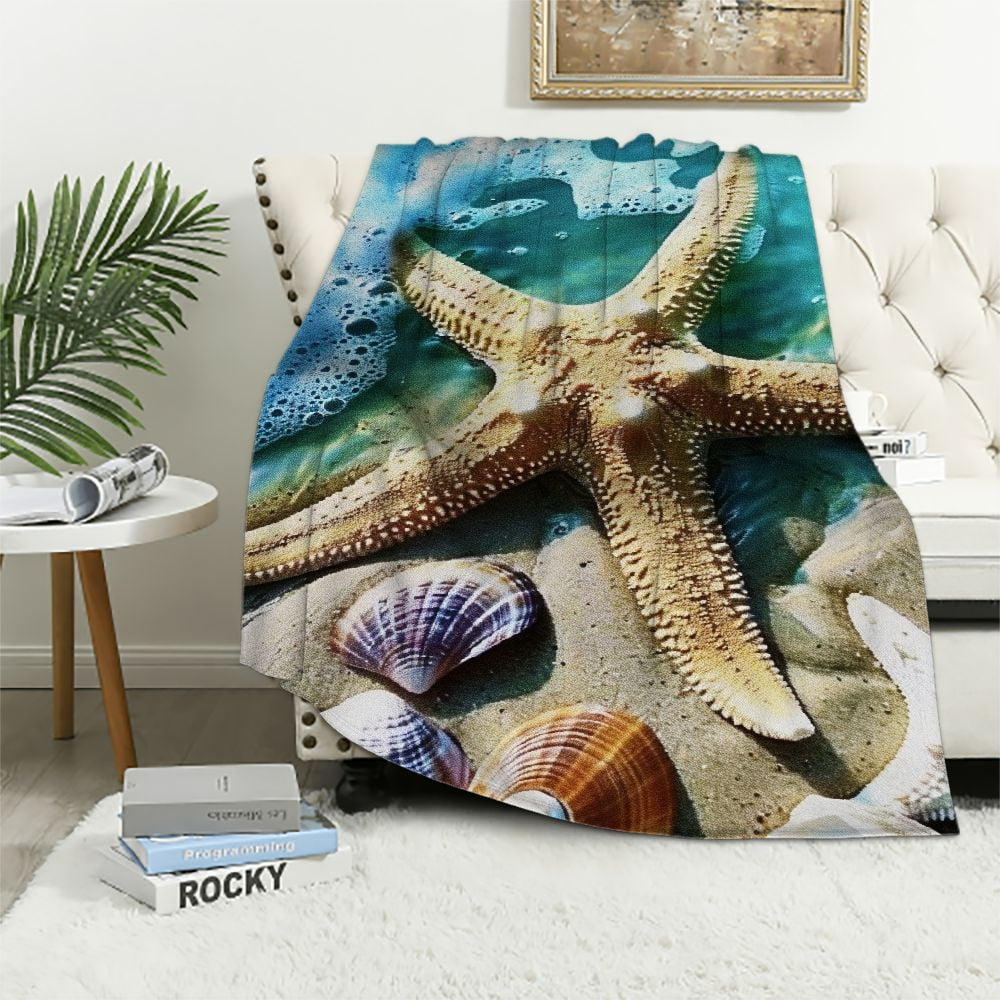 Nawypu Ocean Beach Blanket Starfish Conch Shell Blanket Throw Teal Calm ...
