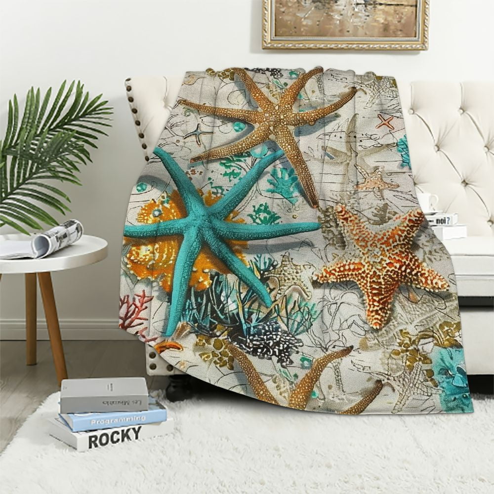 Nawypu Ocean Life Throw Blanket, Starfish Seashells Seahorse Blanket ...
