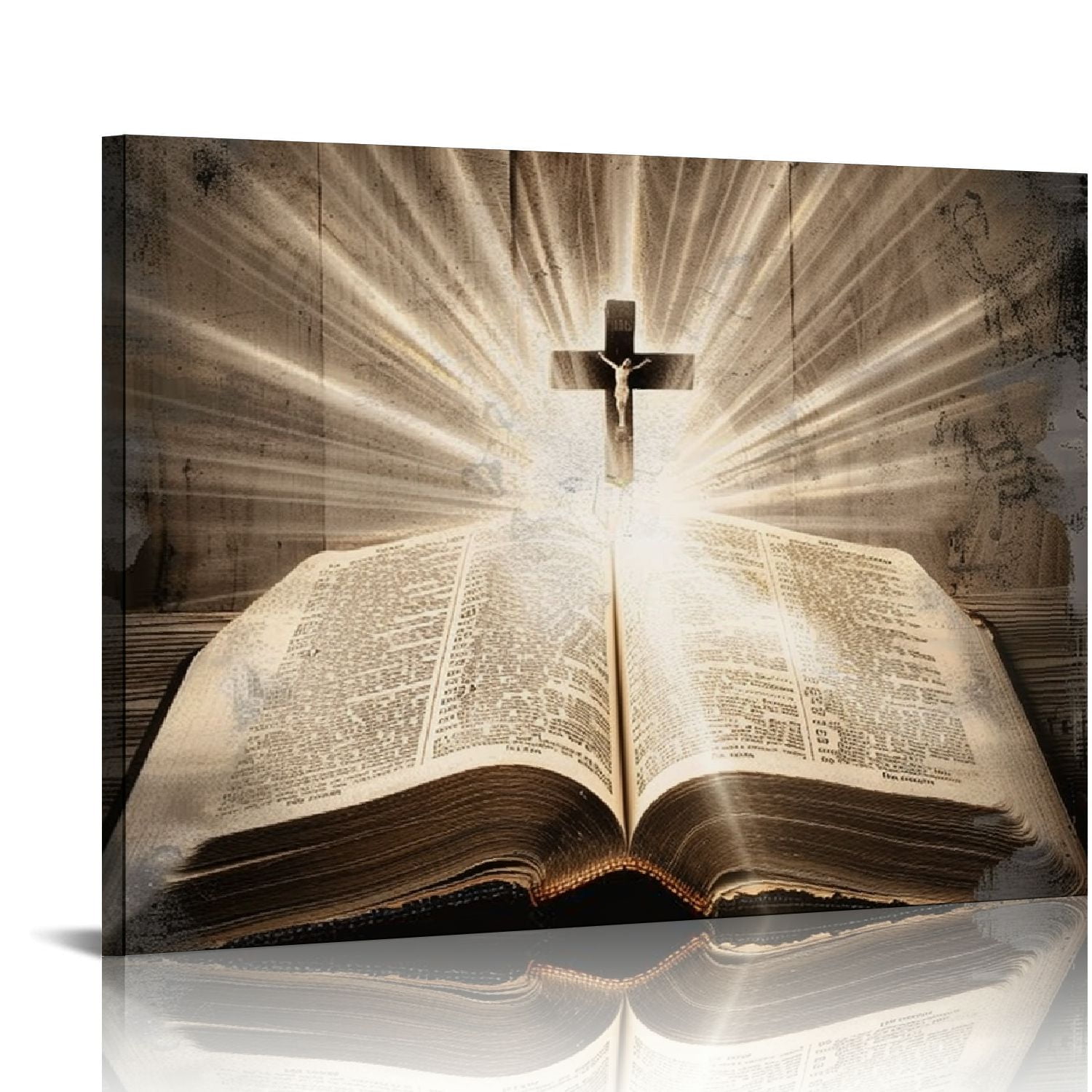Nawypu Open Holy Bible with Wooden Cross Canvas Wall Art, Christian ...