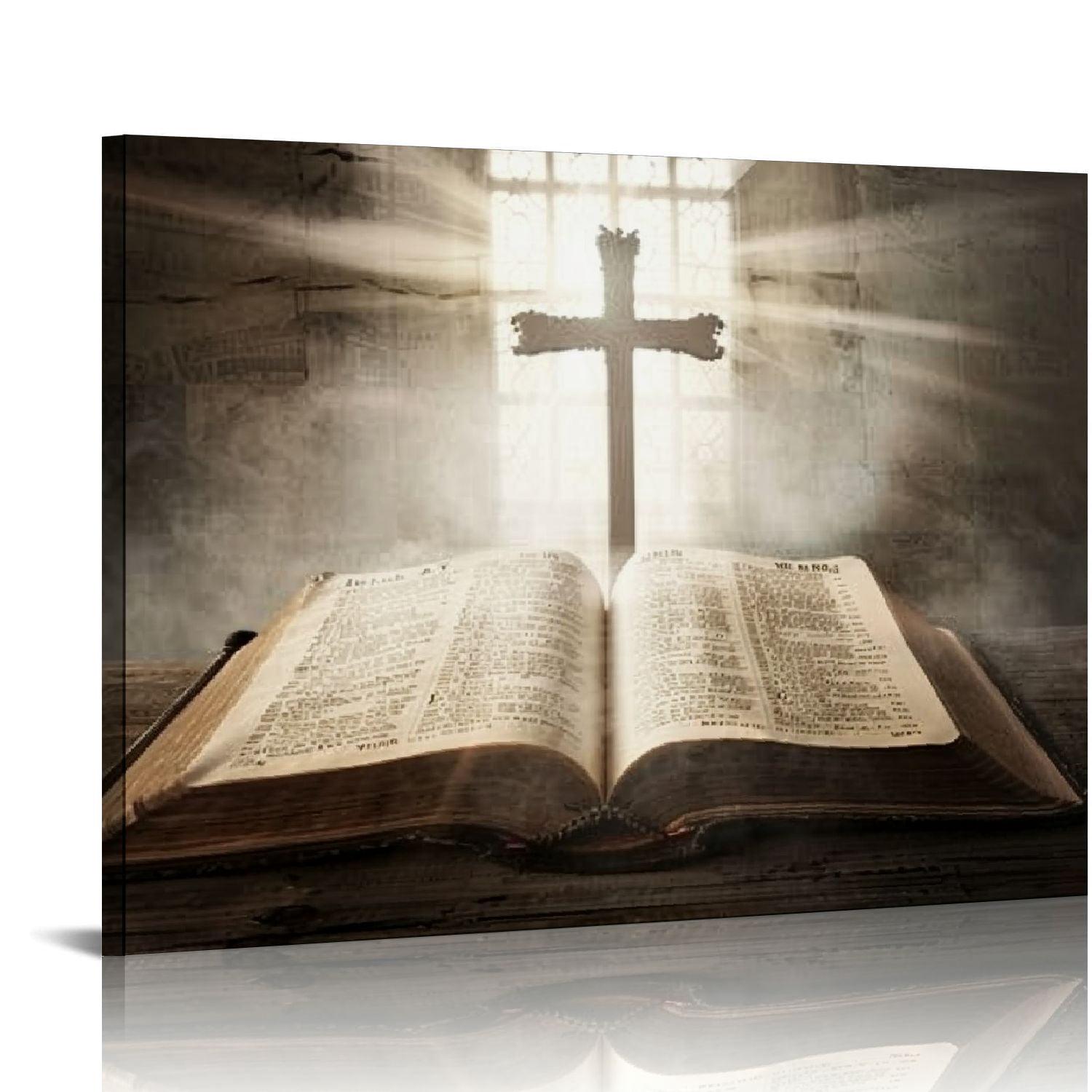 Nawypu Open Holy Bible with Wooden Cross Canvas Wall Art, Christian ...