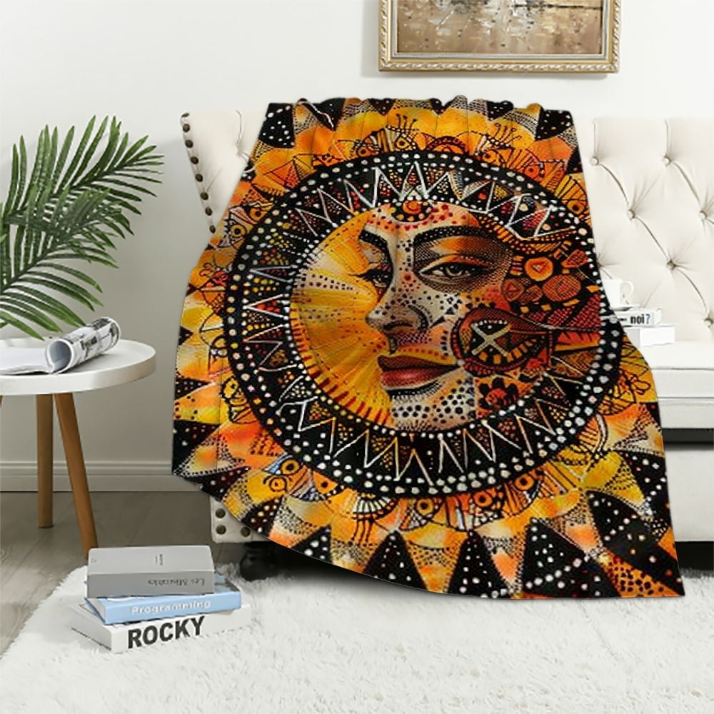 Nawypu Orange Ceometric Art Throw Blanket, Hippie Abstract Sun and Moon ...