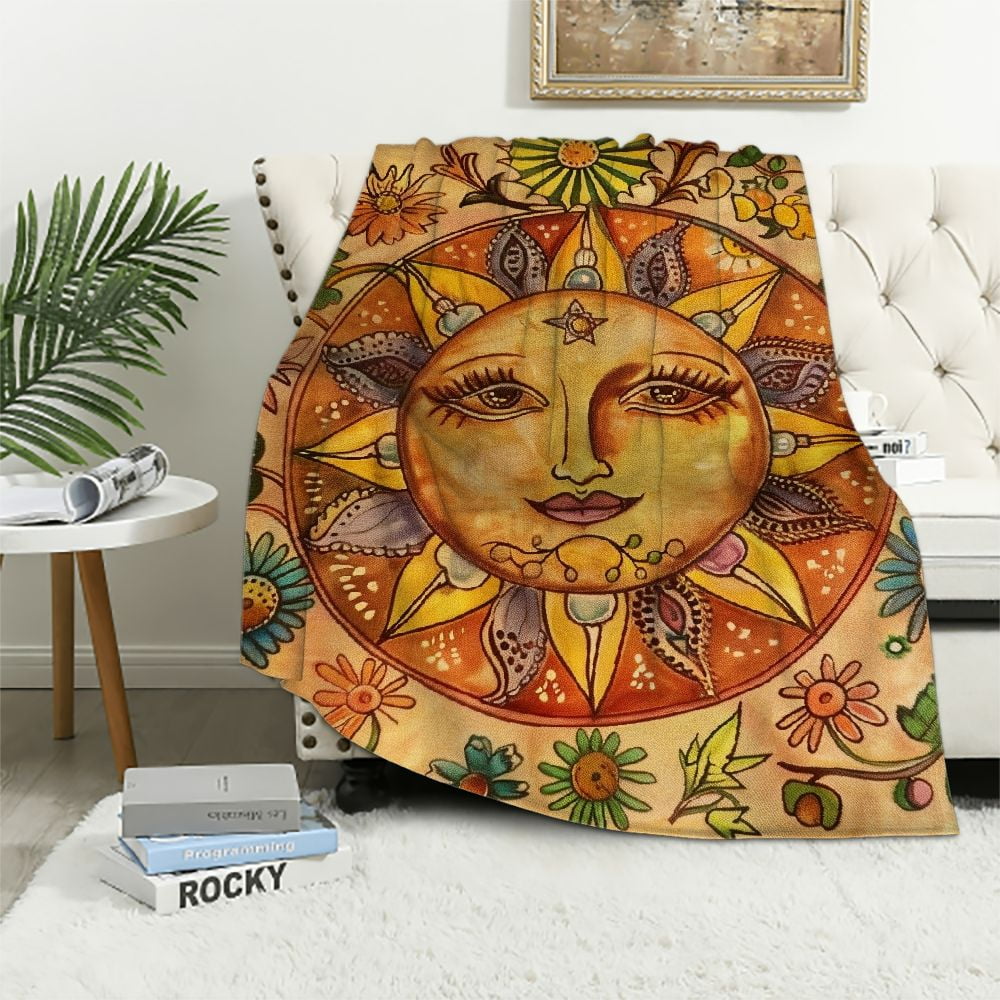 Nawypu Orange Sun and Moon Throw Blanket, 70s Vintage Boho Sunflowers ...