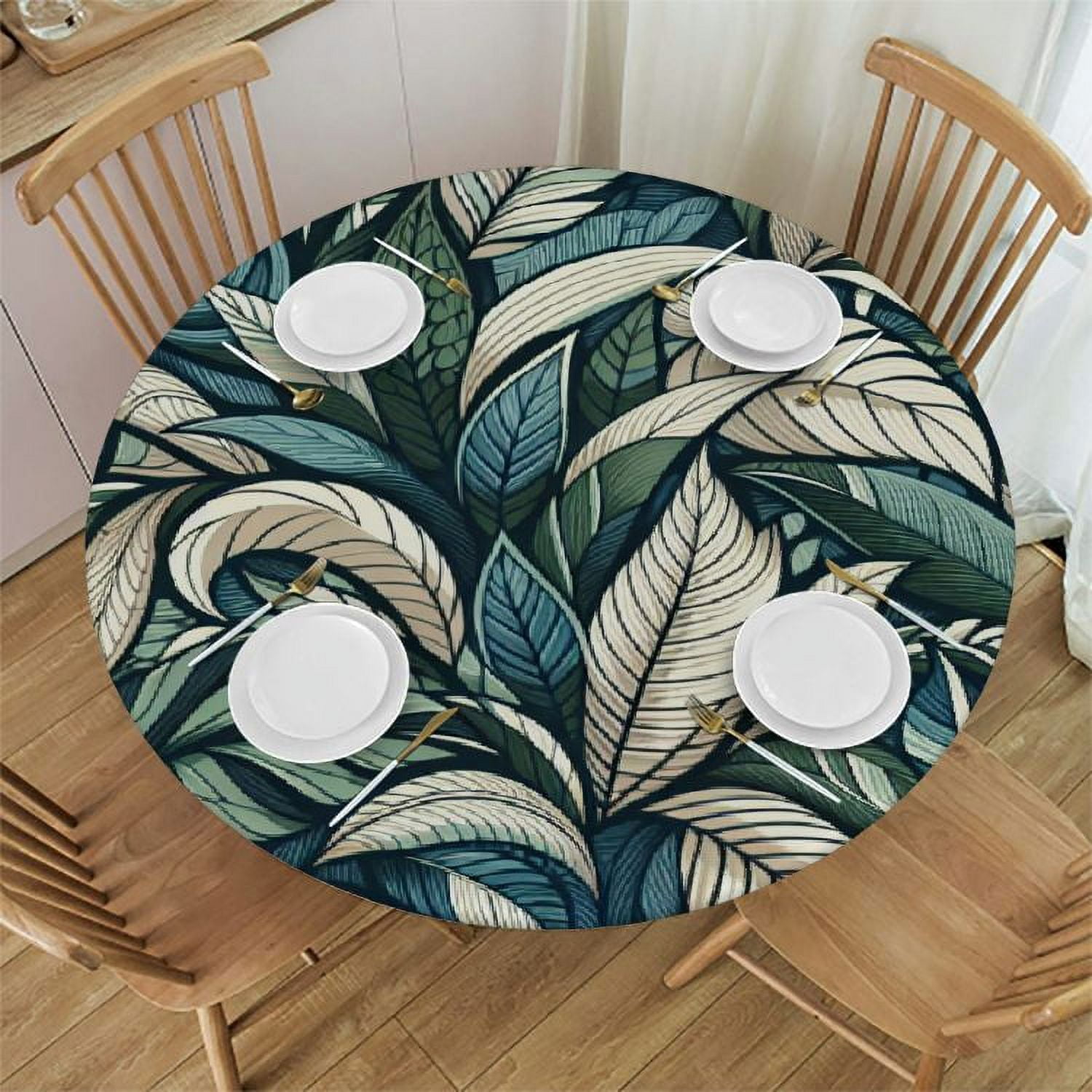 Nawypu Outdoor Fitted Round Tablecloth Tropical Leaves Summer Blue ...