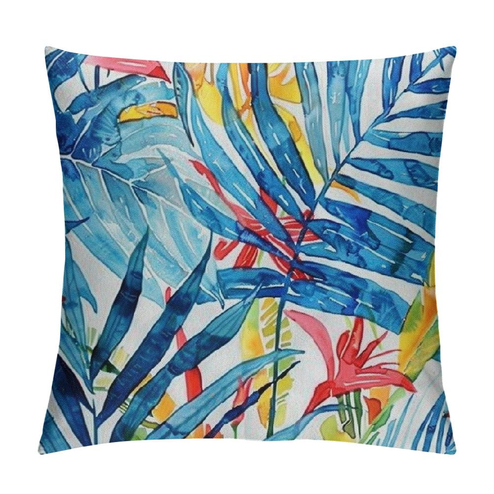 Awypu Outdoor Throw Pillow Covers Set of Tropical Palm Blue Watercolor ...