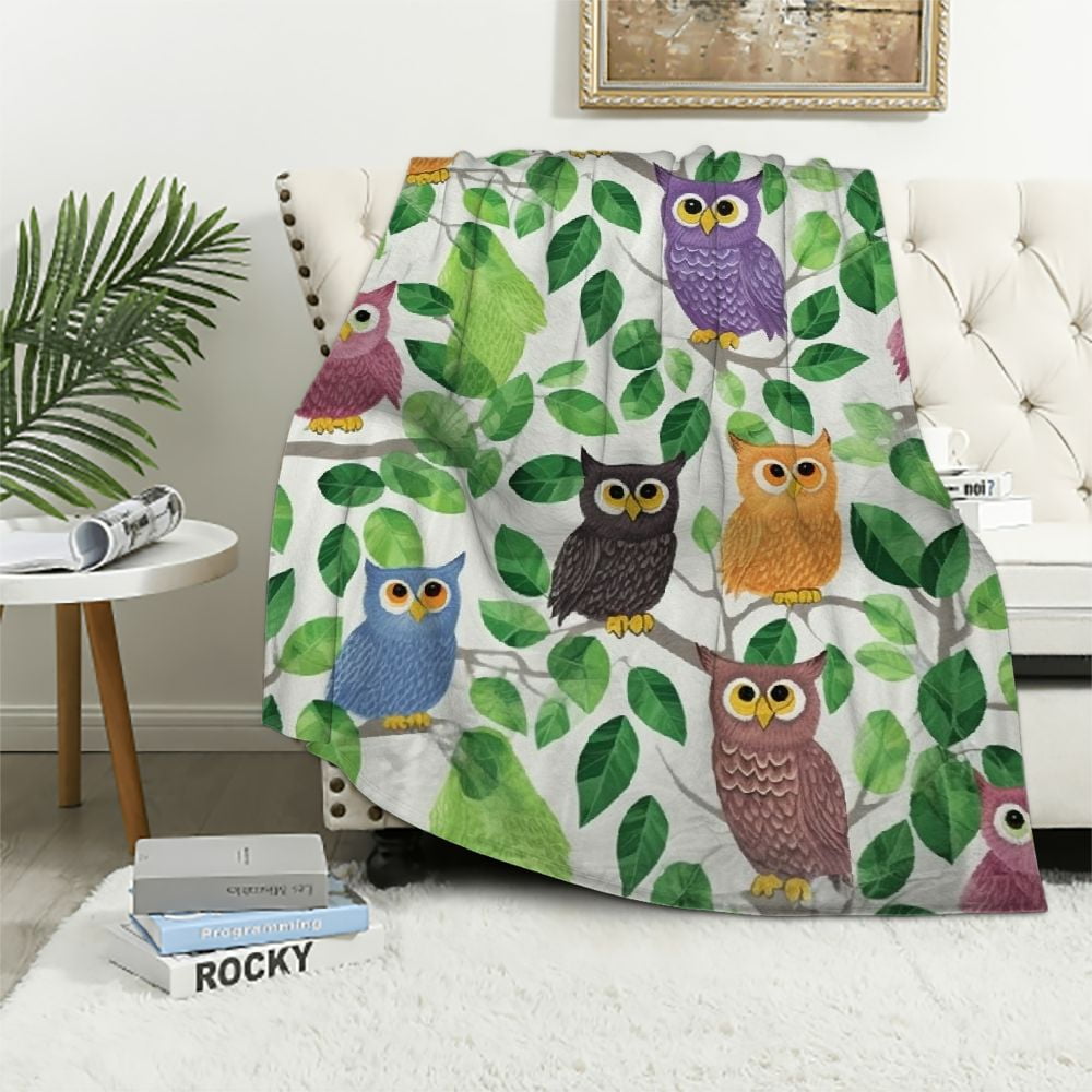 Nawypu Owls Throw Blanket, Owl Pattern with Leaves Sleepy Confused ...