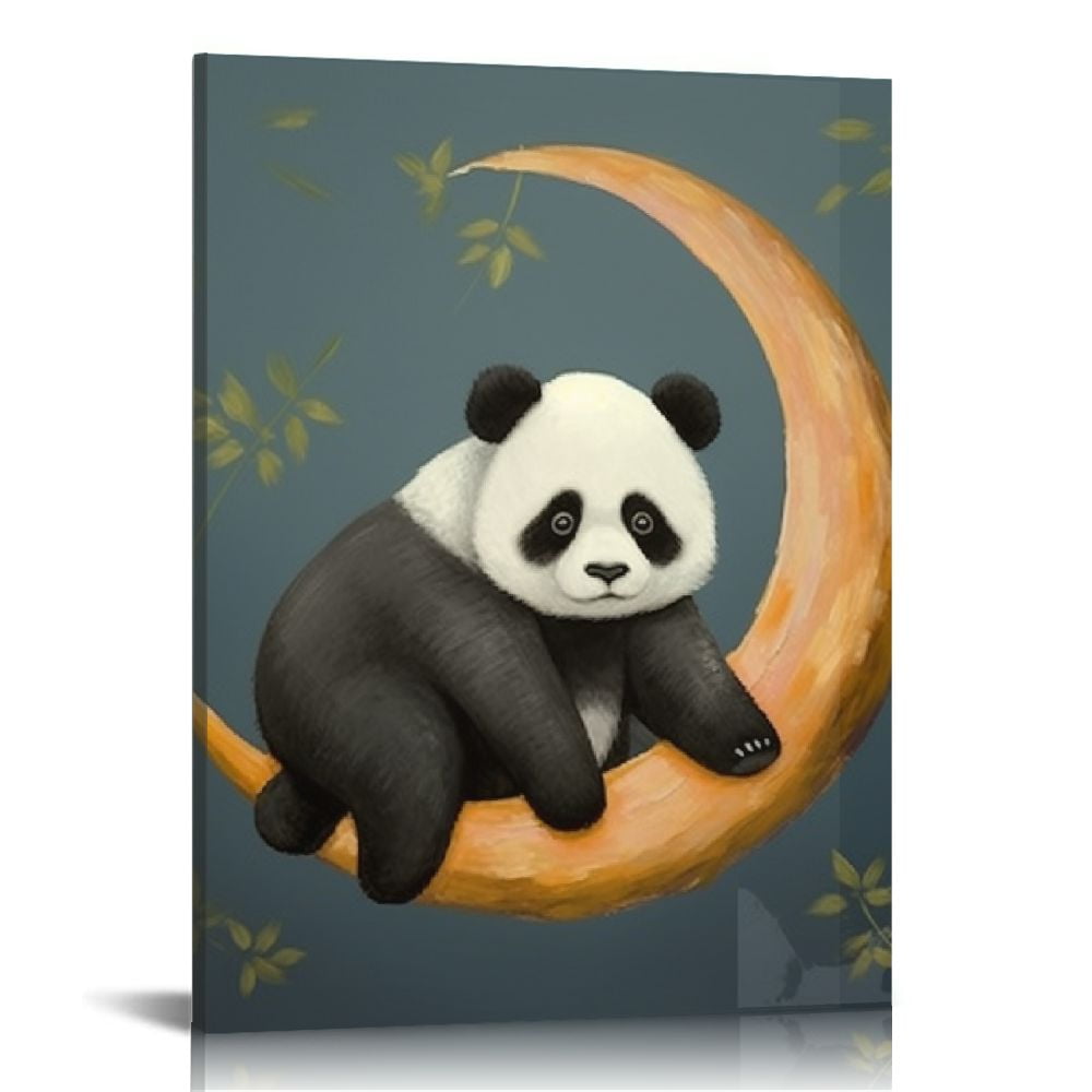 Nawypu Panda Canvas Wall Art Funny Panda Playing with Moon The Picture ...