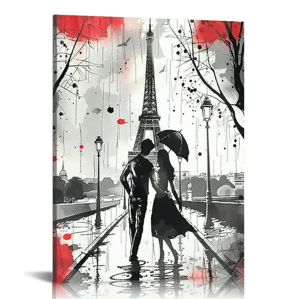 Nawypu Paris Canvas Wall Art Black and Red Couple with Umbrella Picture ...
