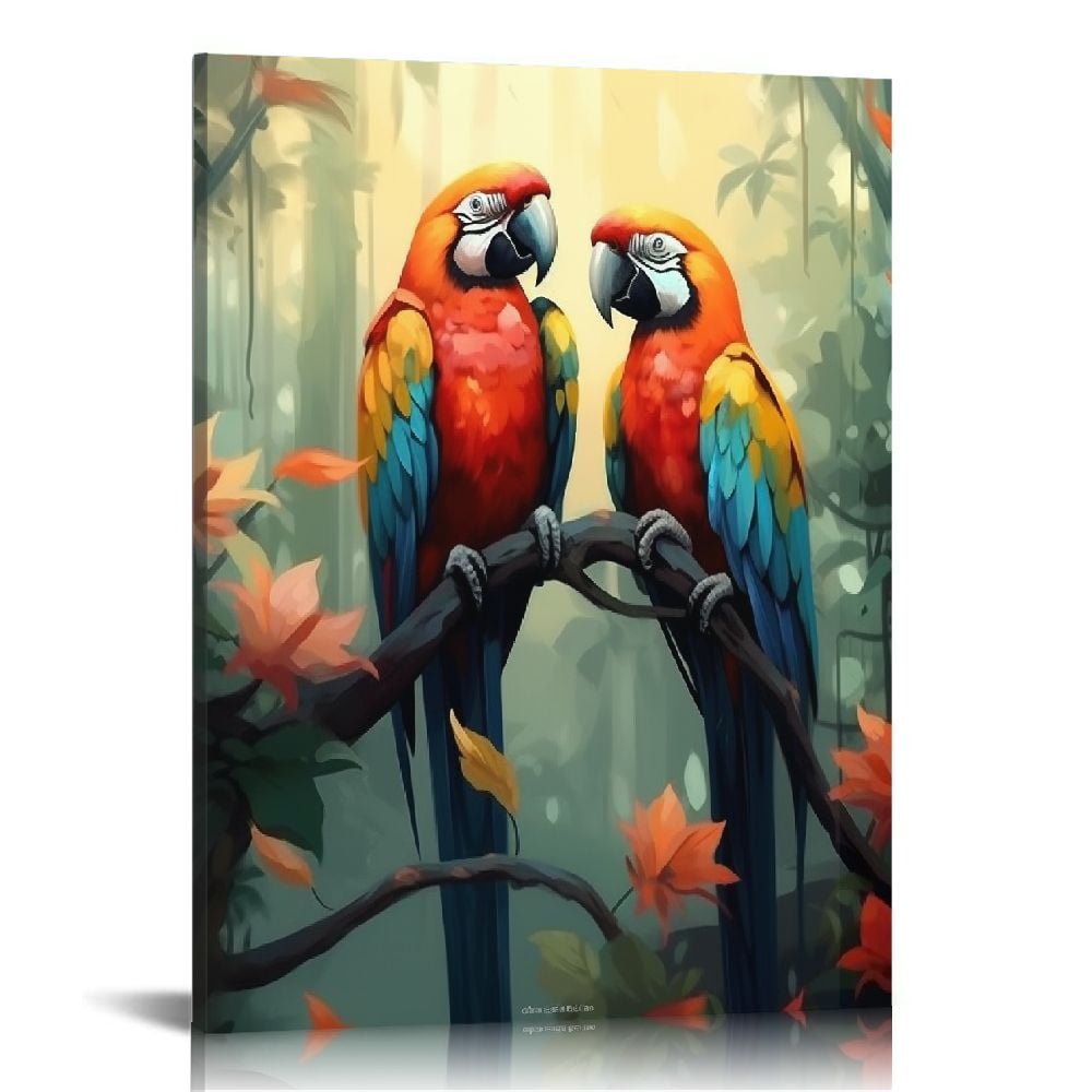 Nawypu Parrot Pictures Canvas Wall Art Couple Parrot on Branch Painting ...