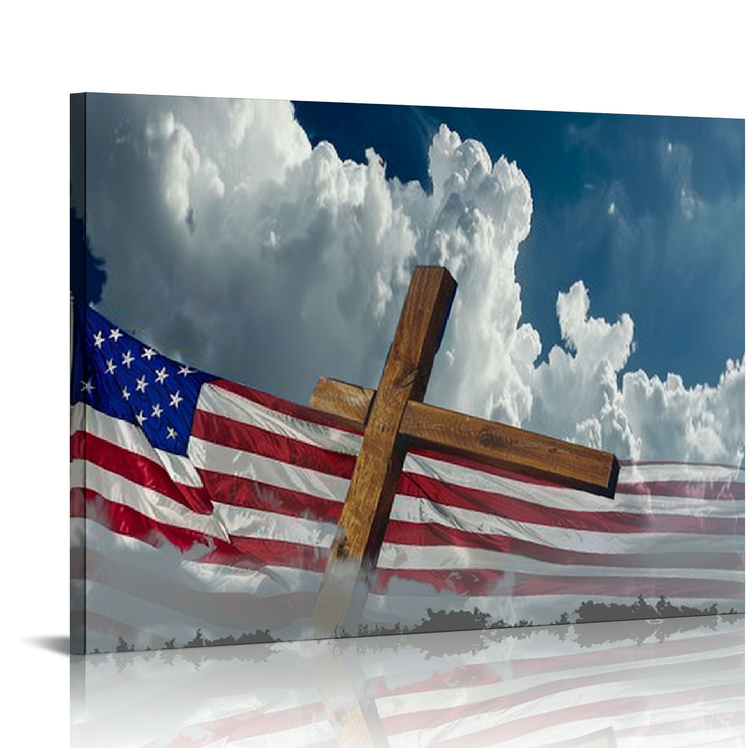 Nawypu Patriotic Canvas Wall Art American Flag and Holy Wooden Cross ...