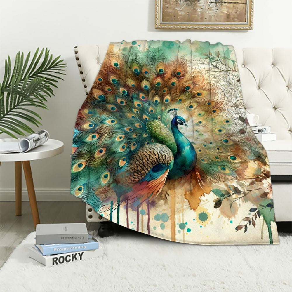 Nawypu Peacock Blanket Peacock Feather Throw Blankets Cozy Flannel ...