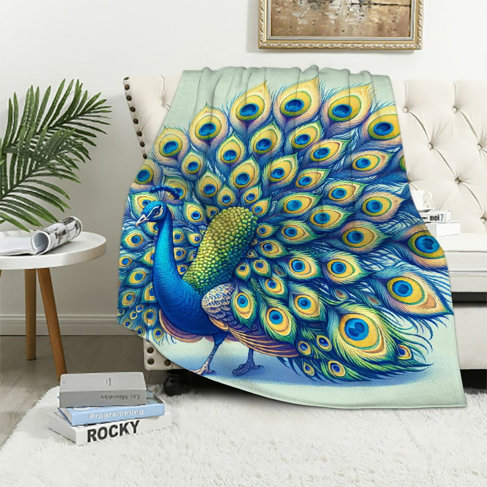 Nawypu Peacock Blanket Green Peacock Feathers Blanket Soft Fuzzy Plush ...