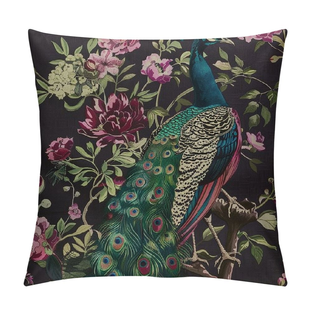 Awypu Peacock On Cherry Tree Throw Pillow Cover Beautiful Bird Feather ...