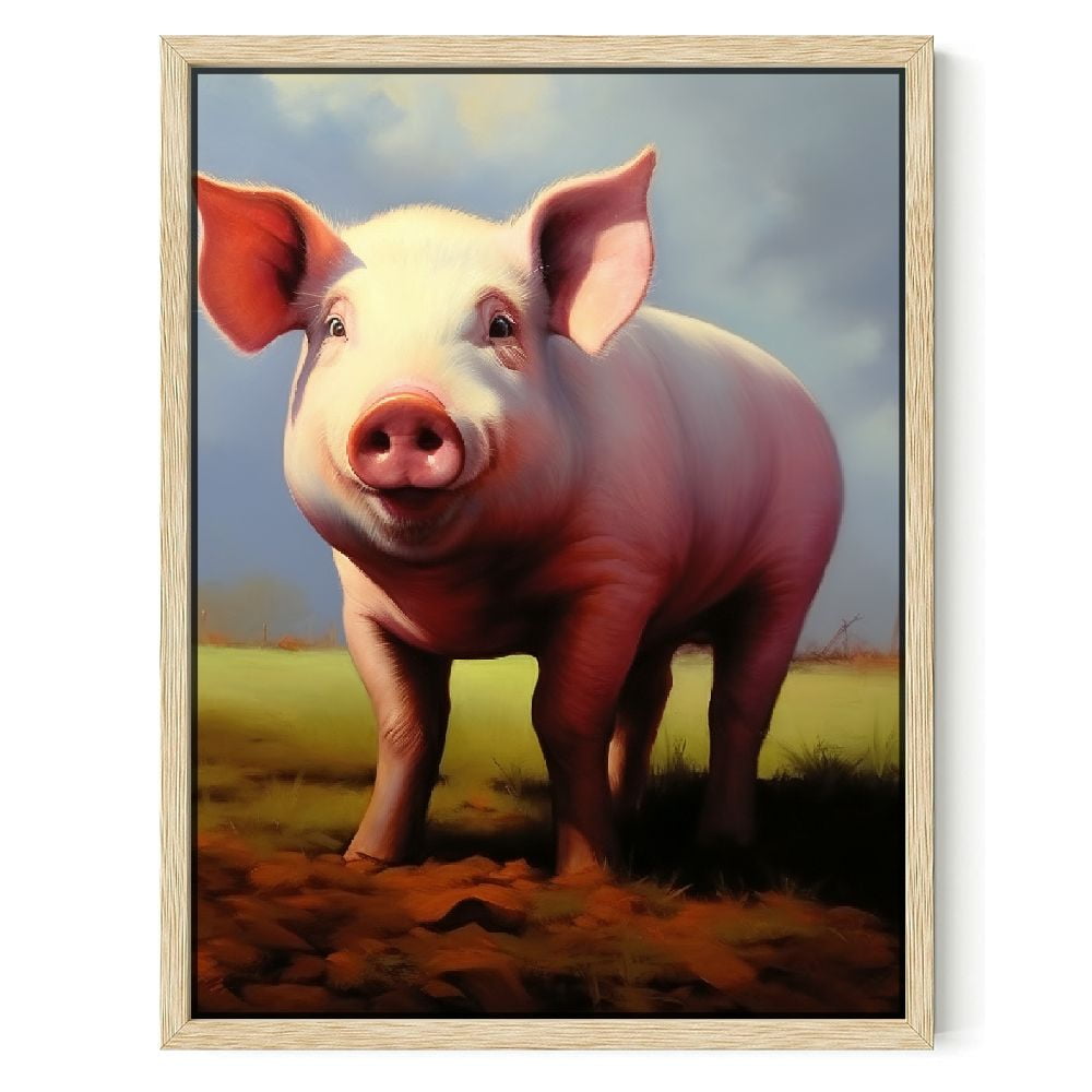 Nawypu Pig Wall Art Framed Pink Pig Standing in The Grass Field ...