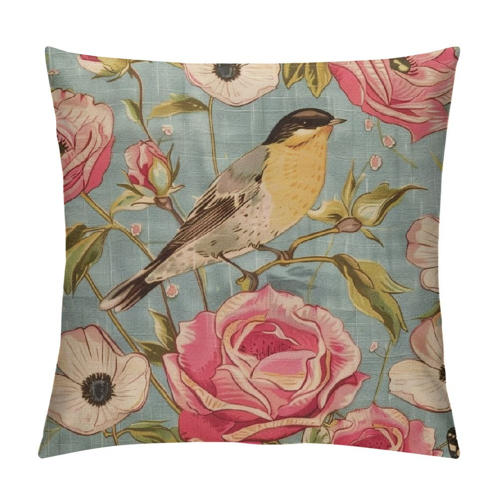Nawypu Pillow Case Blue Pink Rose Bird Pattern Double Sided Decorative ...