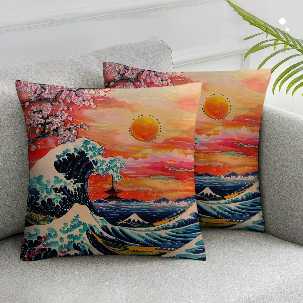 CMMY Pillow Cover Japanese Sakura Traditional Oriental The Great Wave ...