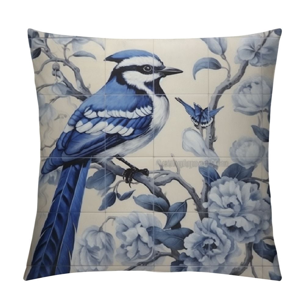 Nawypu Pillow Covers Blue and White Tile with Birds and Small Flower ...