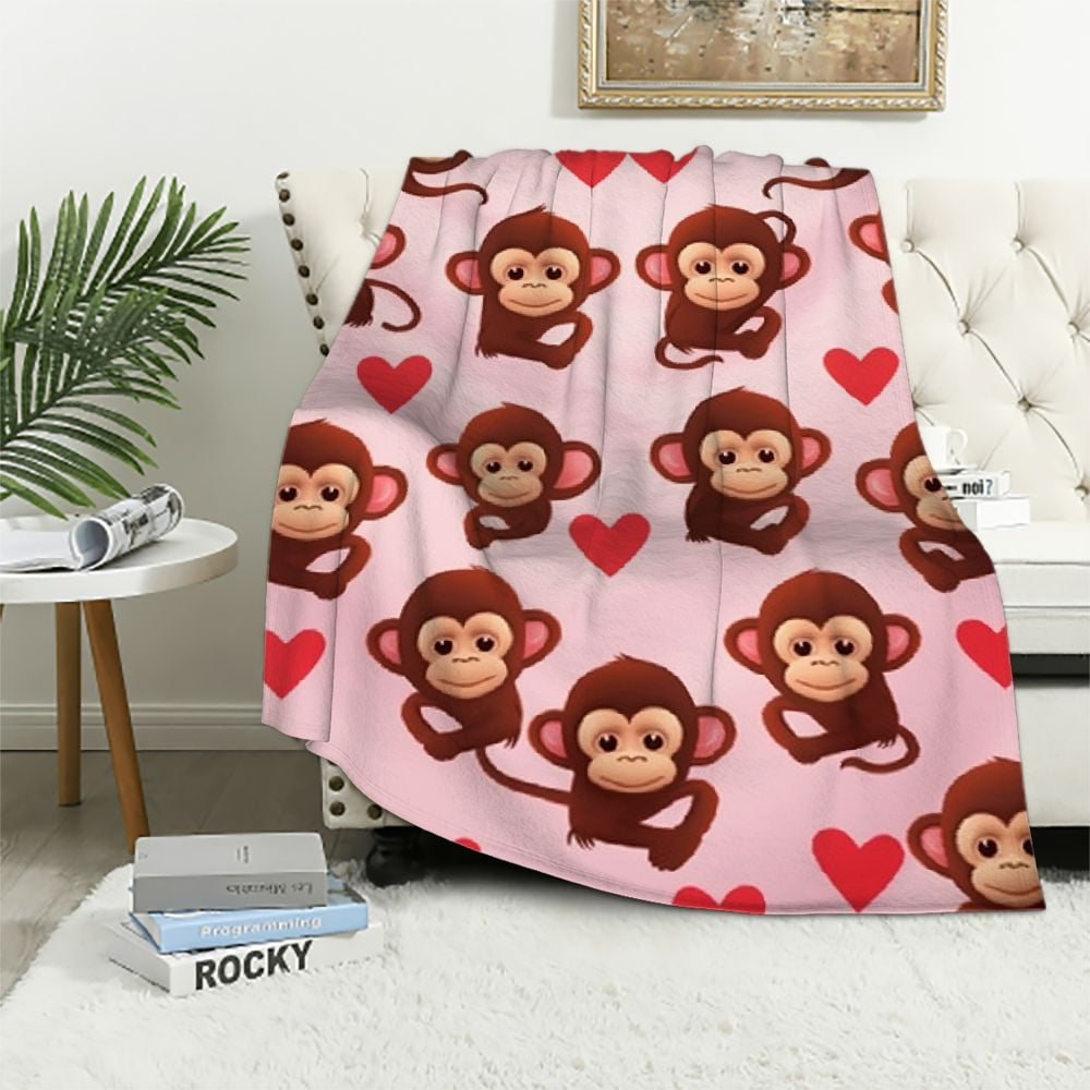 Nawypu Pink Cute Monkey Blanket Super Soft Warm Flannel Monkey Blanket ...