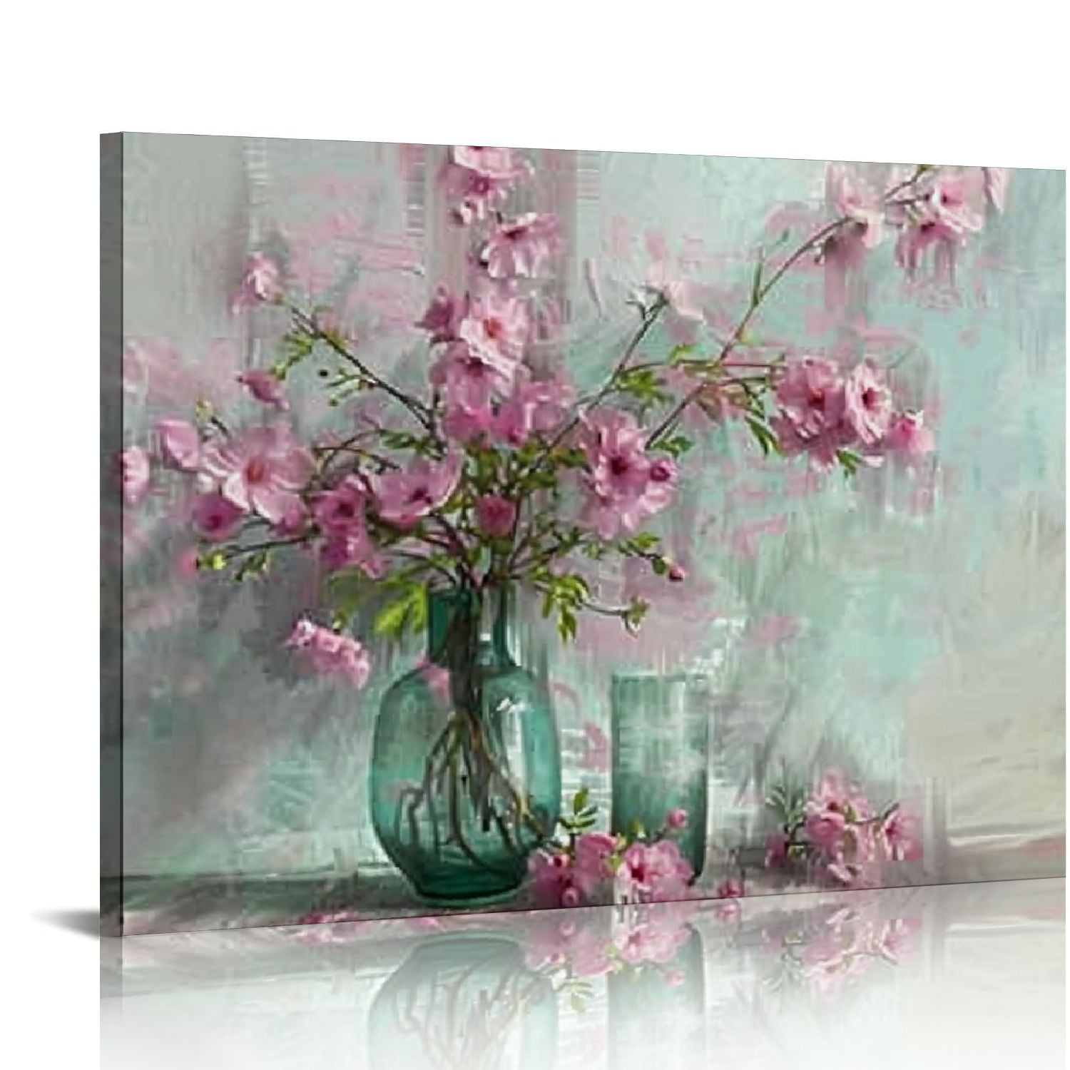 Nawypu Pink Flower Canvas Wall Art Florals Abstract Picture Teal ...