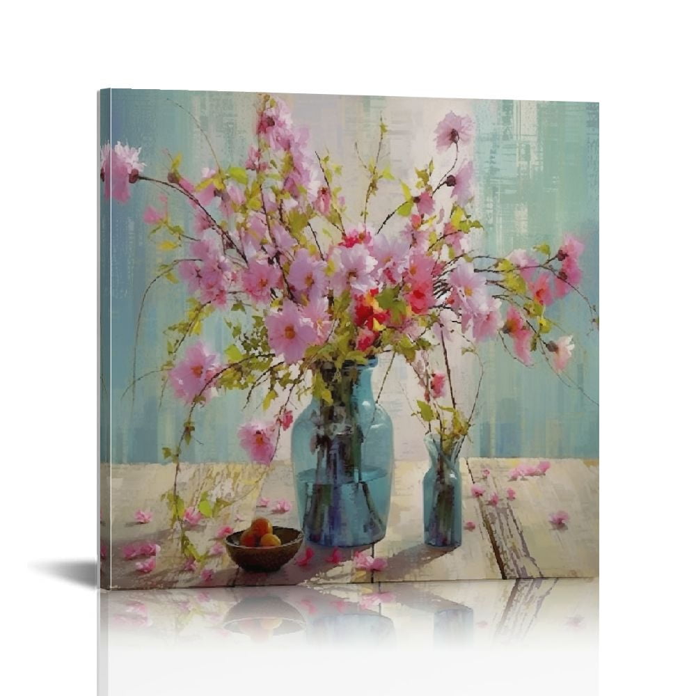 Nawypu Pink Flower Canvas Wall Art Florals Abstract Picture Teal ...