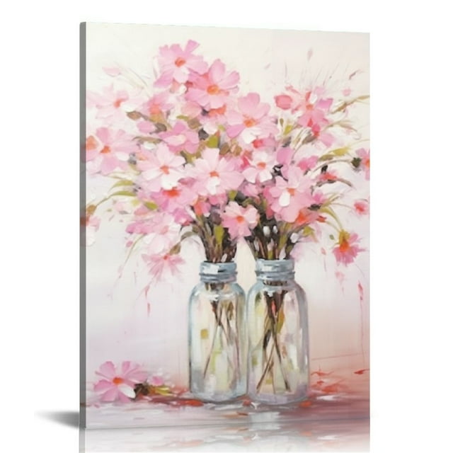 Nawypu Pink Flowers Canvas Wall Art: Abstract Bouquet in Vase Artwork ...