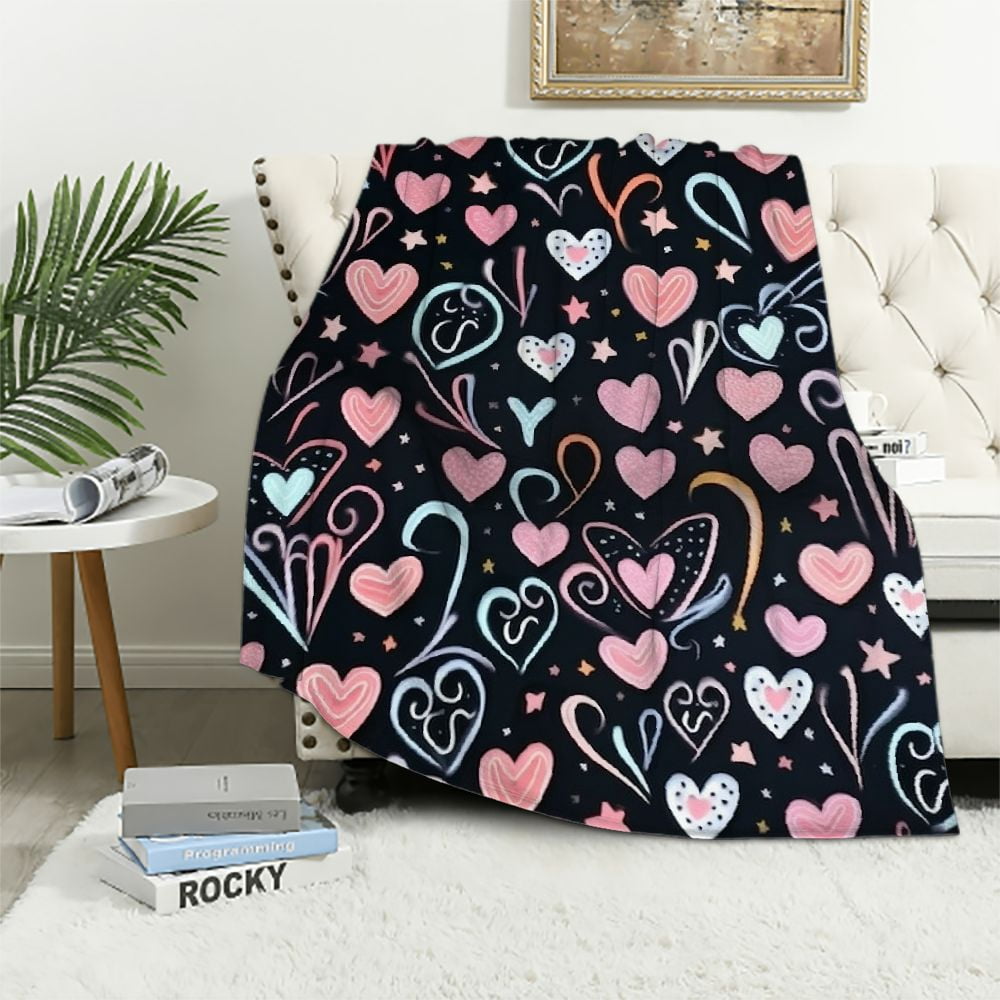 ONETECH Pink Heart Theme Print Flannel Throw Blankets Hearts Plush ...