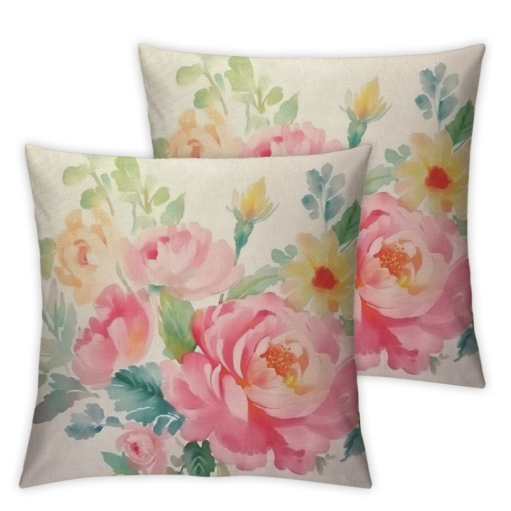 Nawypu Pink Peonies Flower Throw Pillow Cover Watercolor Floral Elegance Bloom Leaf Bud ...