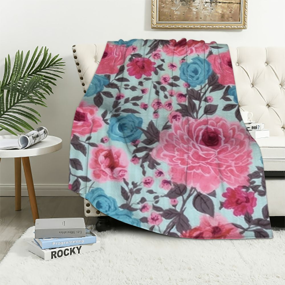 Nawypu Pink Rose Floral Pattern Blooming Throw Blanket for Couch Sofa ...