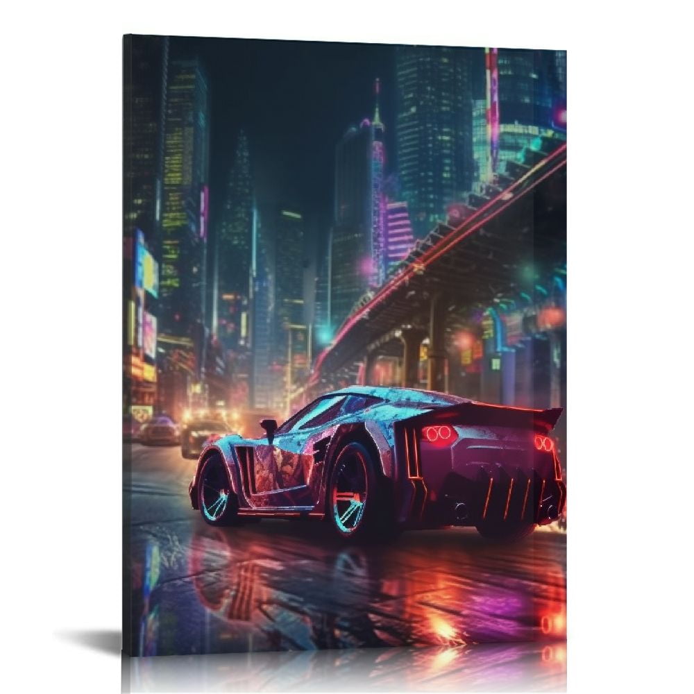 Nawypu Punk Art Poster Black Sports Car Futuristic Sci-fi City Carnival ...