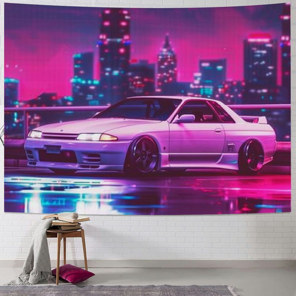 Nawypu R32 Retrowave White Jdm Car Neon Purple Tapestry Wall Hanging ...