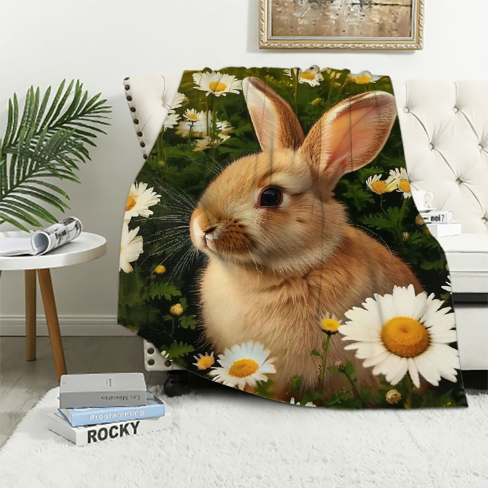 Nawypu Rabbit Blanket Daisy Flowers Beige Bunny Blanket Soft Fuzzy ...