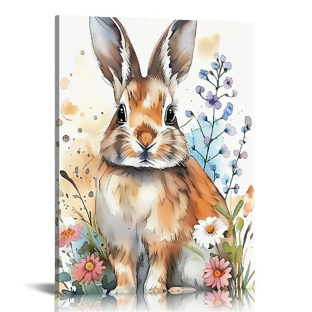 Nawypu Rabbit With Flowers And Watercolor Wall Art Canvas Bunny Lover ...