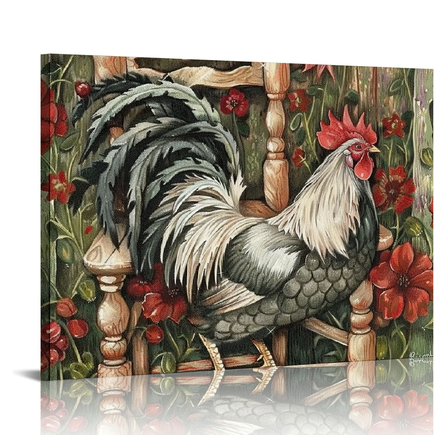 Nawypu Red Barn Rooster Canvas Wall Art Print, Rooster Artwork ...
