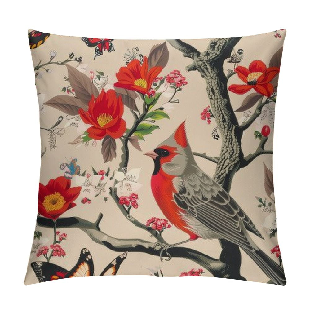 Nawypu Red Cardinal Bird Throw Pillow Covers 18x18 in,Cherry Blossom ...