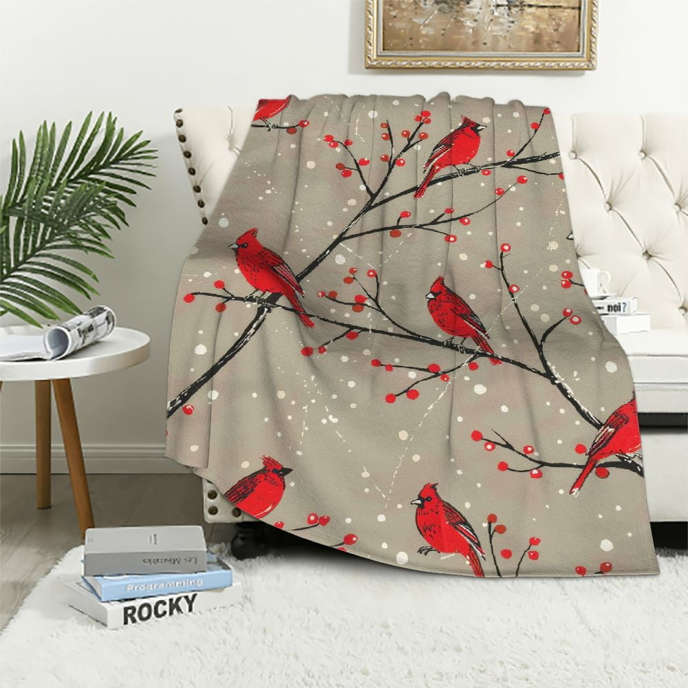 Nawypu Red Cardinal Blanket Retro Cute Bird Sitting on The Snowy Branch ...