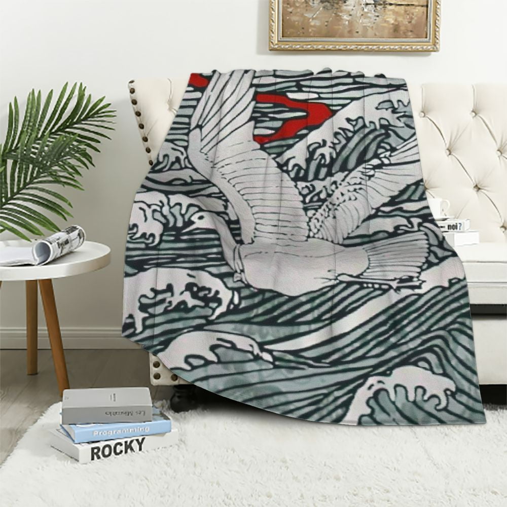 ONETECH Red-Crowned Crane Bed Blanket Sea Wave Japanese Ukiyo-E ...