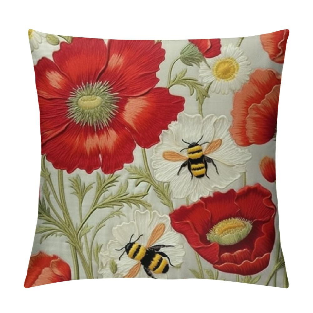 Nawypu Red Poppy Throw Pillow Covers Romantic Garden Flowers Red ...