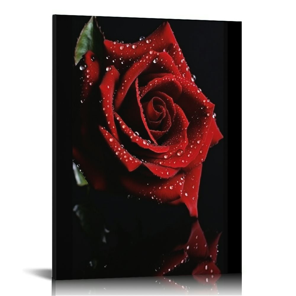 Nawypu Red Rose Canvas Wall Art Flower Blossoming on Black Background ...