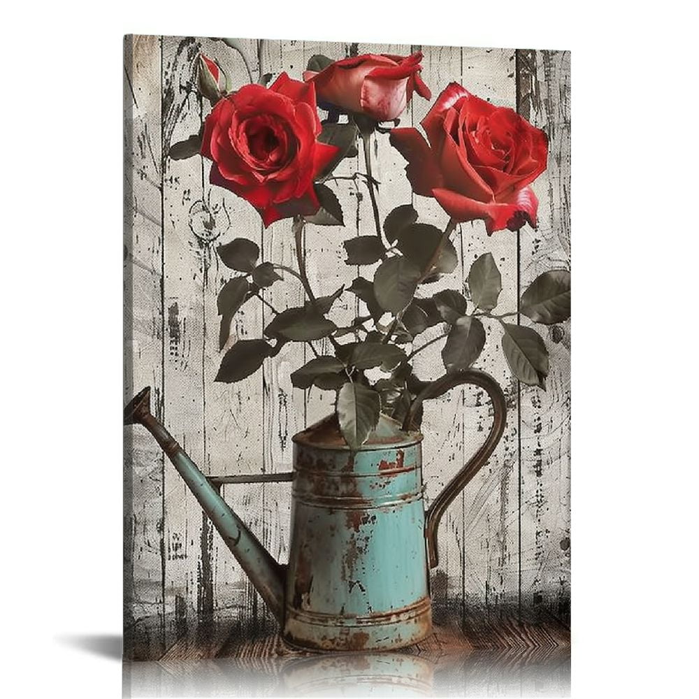 Nawypu Red Rose Canvas Wall Art: Rustic Black White Flower Framed ...